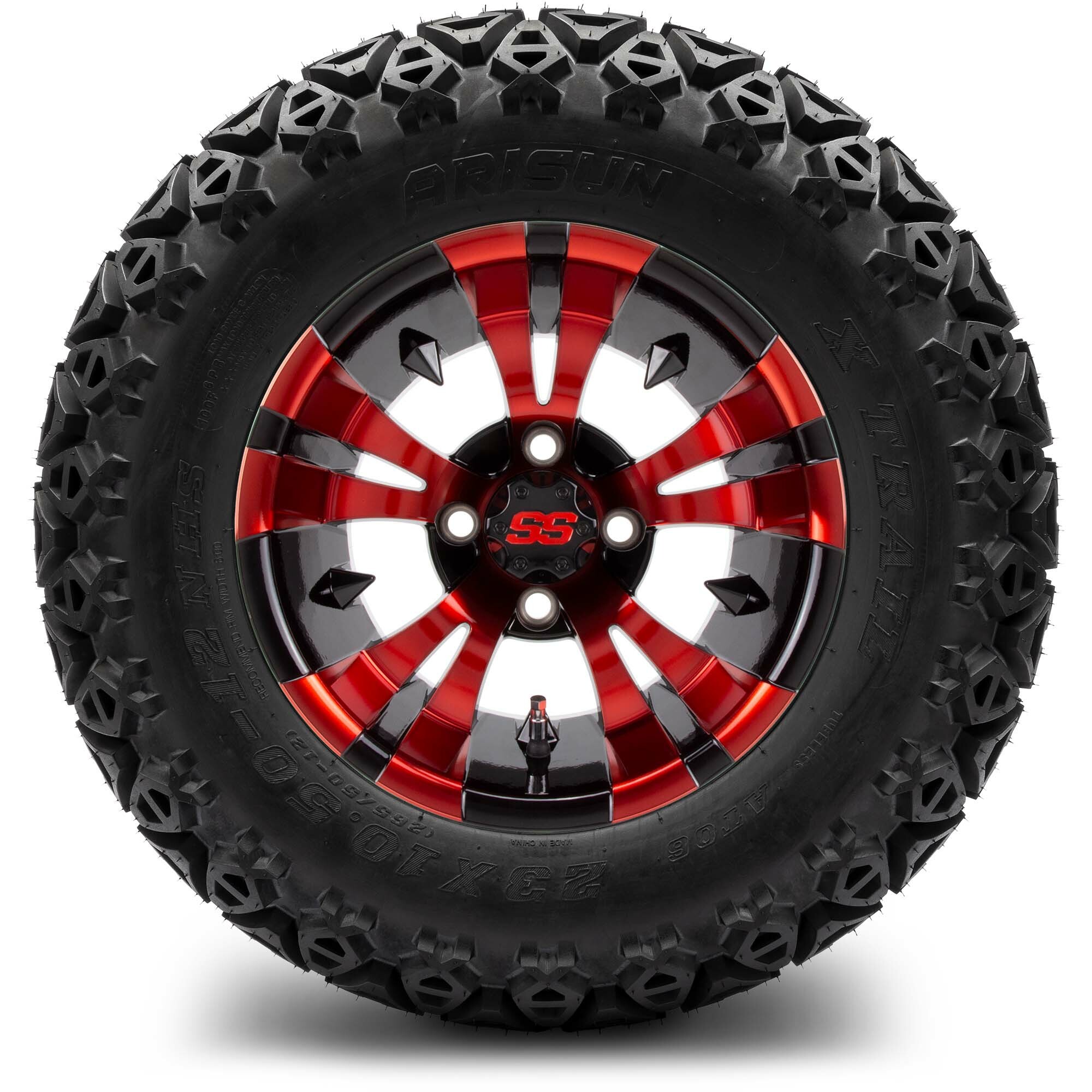 12" Vampire Red and Black Golf Cart Wheels, All Terrain Tires and a "6 ...