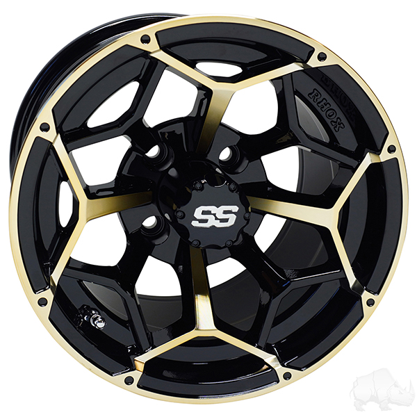 Golf Cart 14x7 Rhox Wheel, Gloss Black And Gold - golfcartking.com