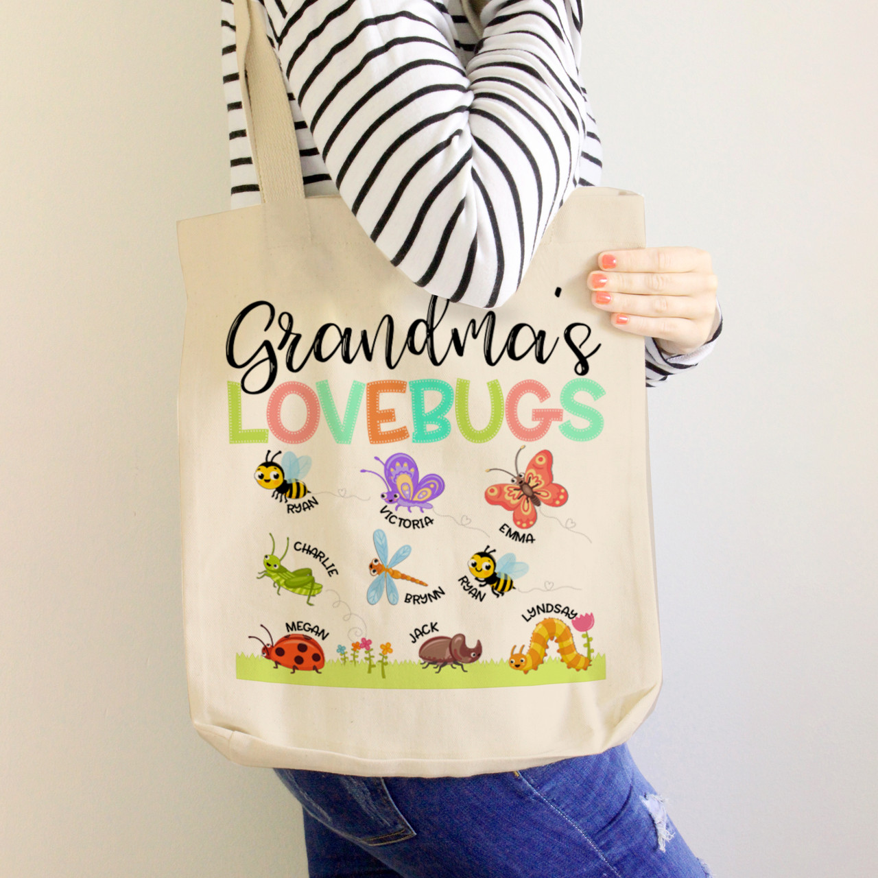 personalized womens tote bag, love bugs personalized gift bag for grandma