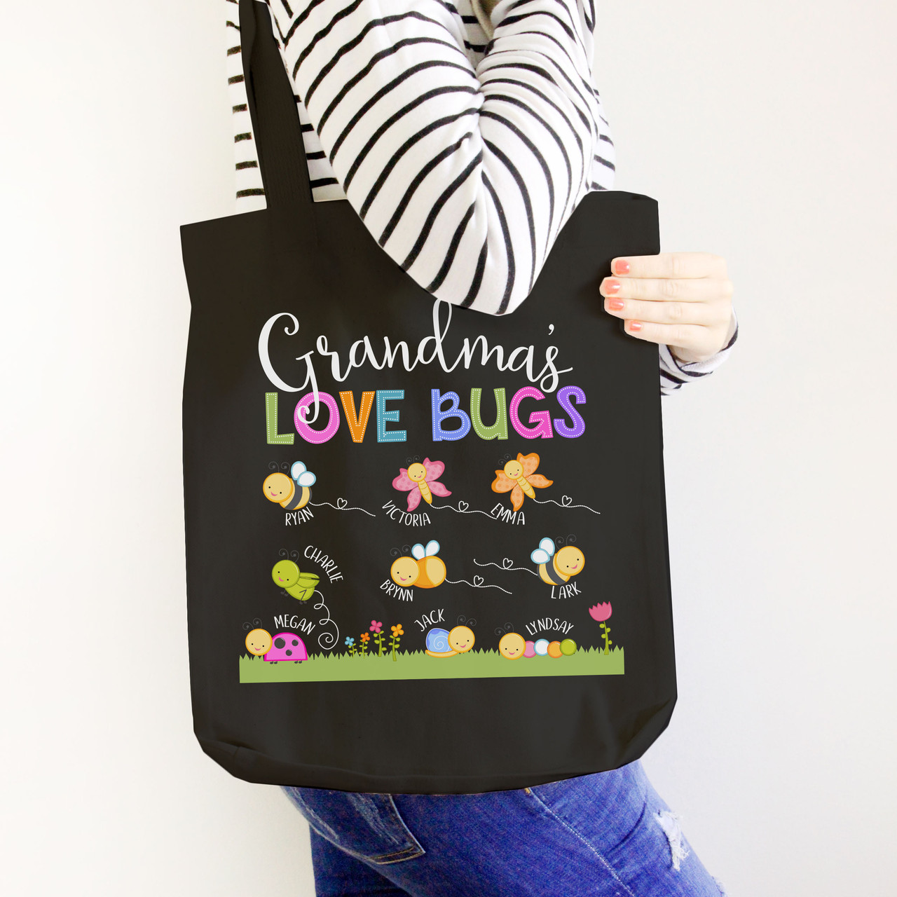 personalized womens tote bag, love bugs personalized gift bag for grandma