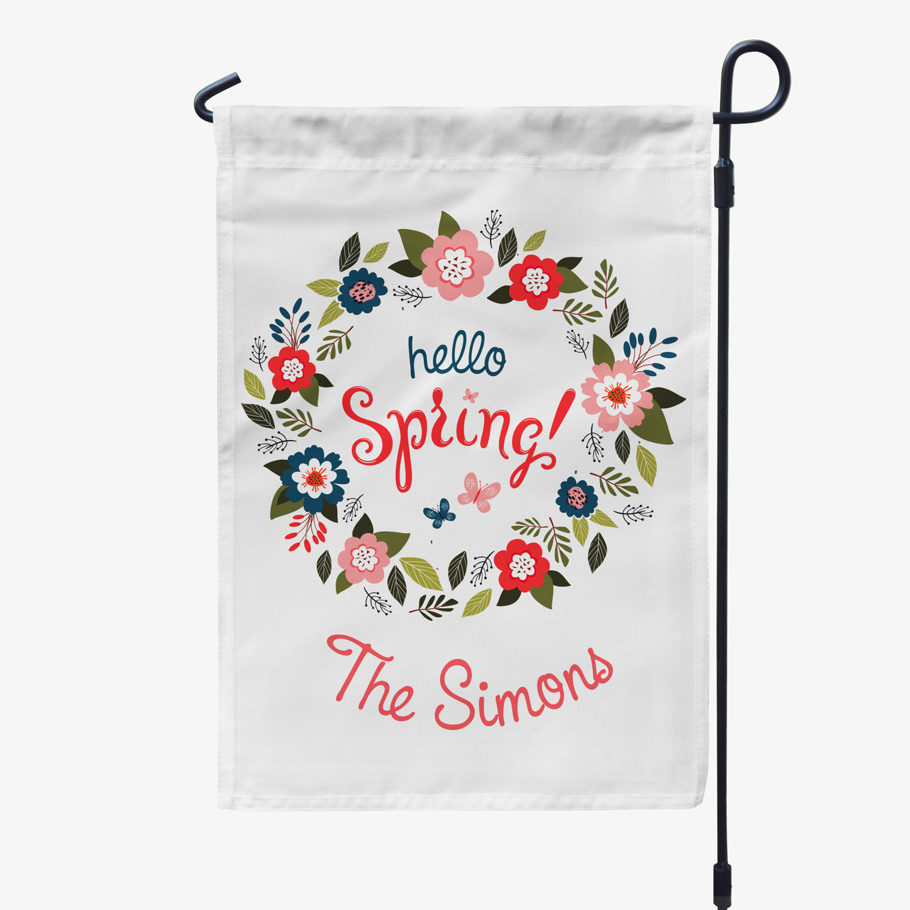 garden flag, personalized flower wreath hello spring flag stand optional