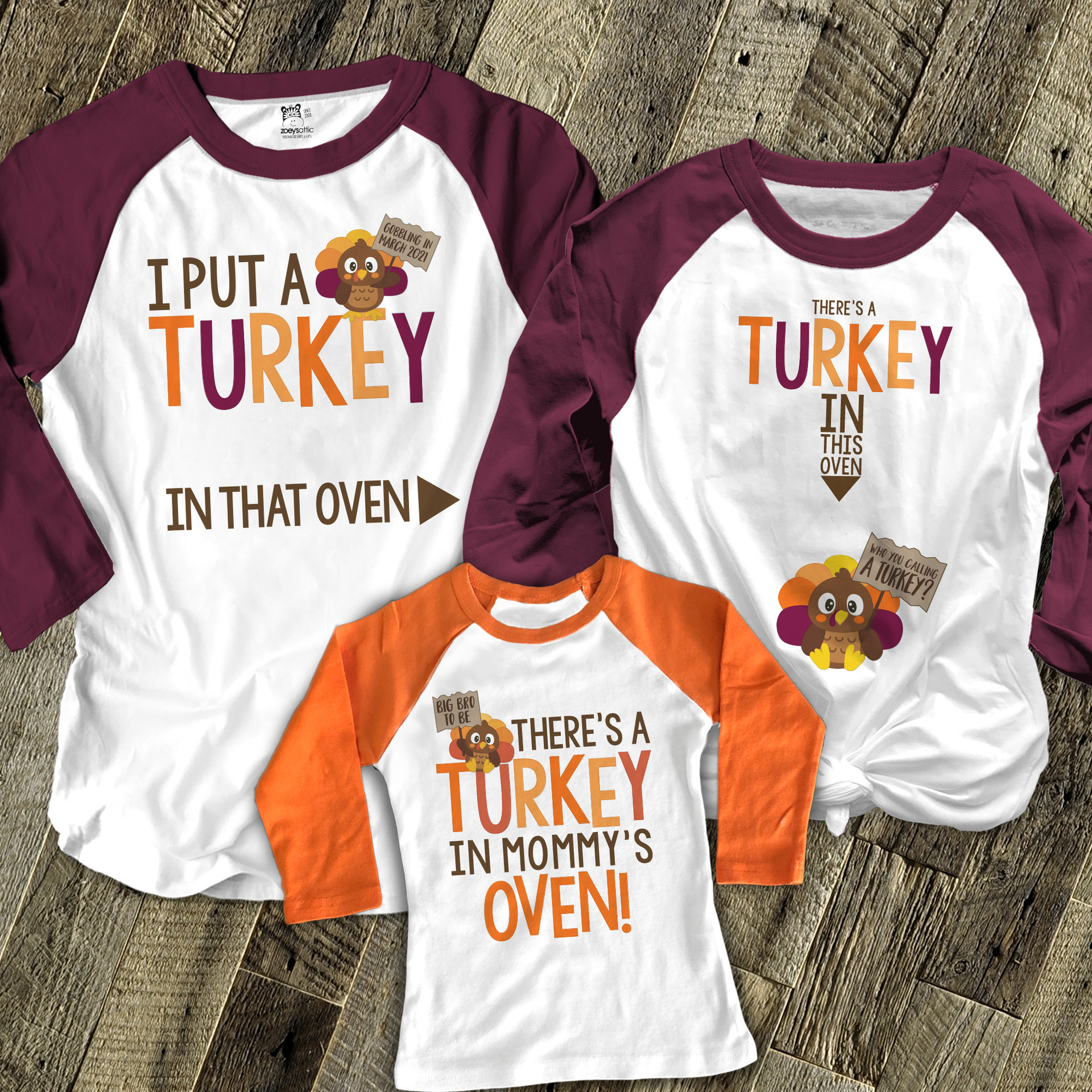 thanksgiving pregnancy announcement, turkey in oven three raglan shirt set
