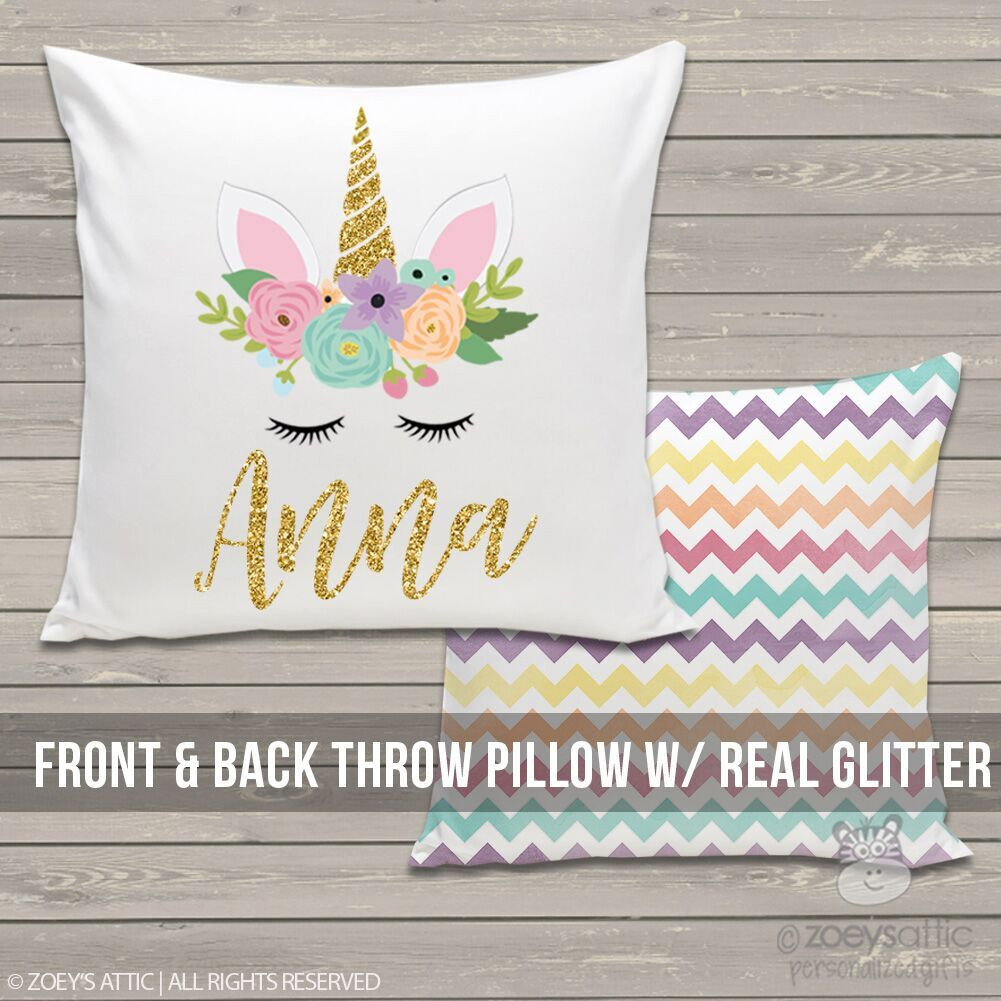 decorative throw pillow, personalized unicorn horn face glitter ...