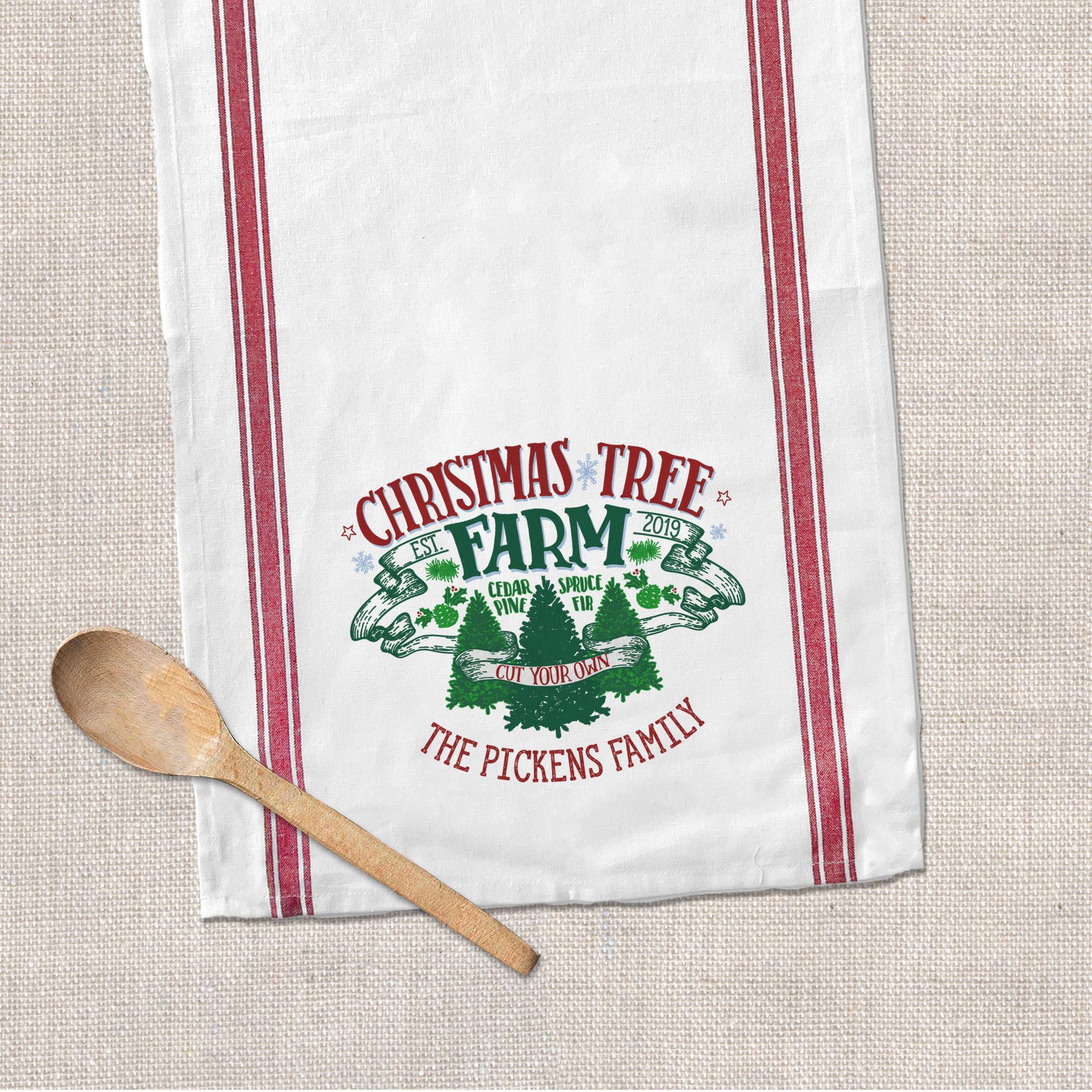 christmas kitchen towel, family tree farm holiday striped tea towel ...