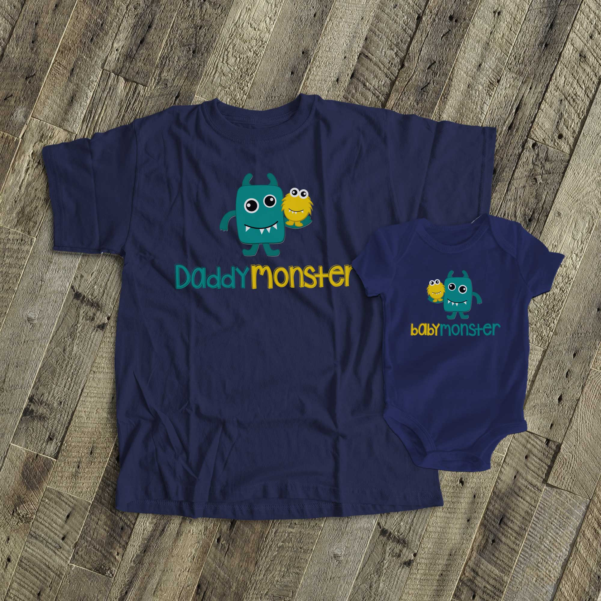 personalized mens shirt, big and little monsters, matching t-shirt gift set