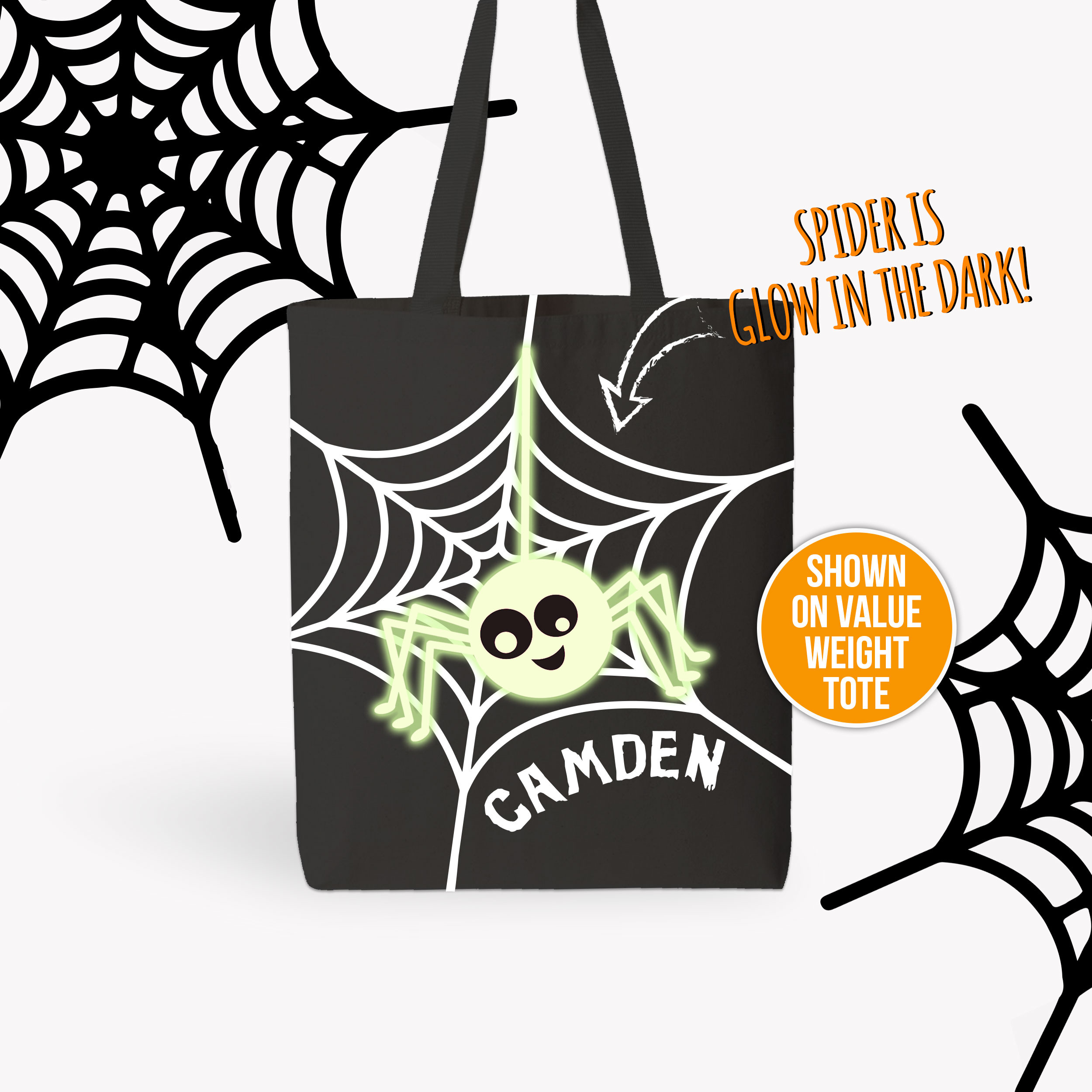 glow in dark Halloween bag, personalized spider trick or treat bag