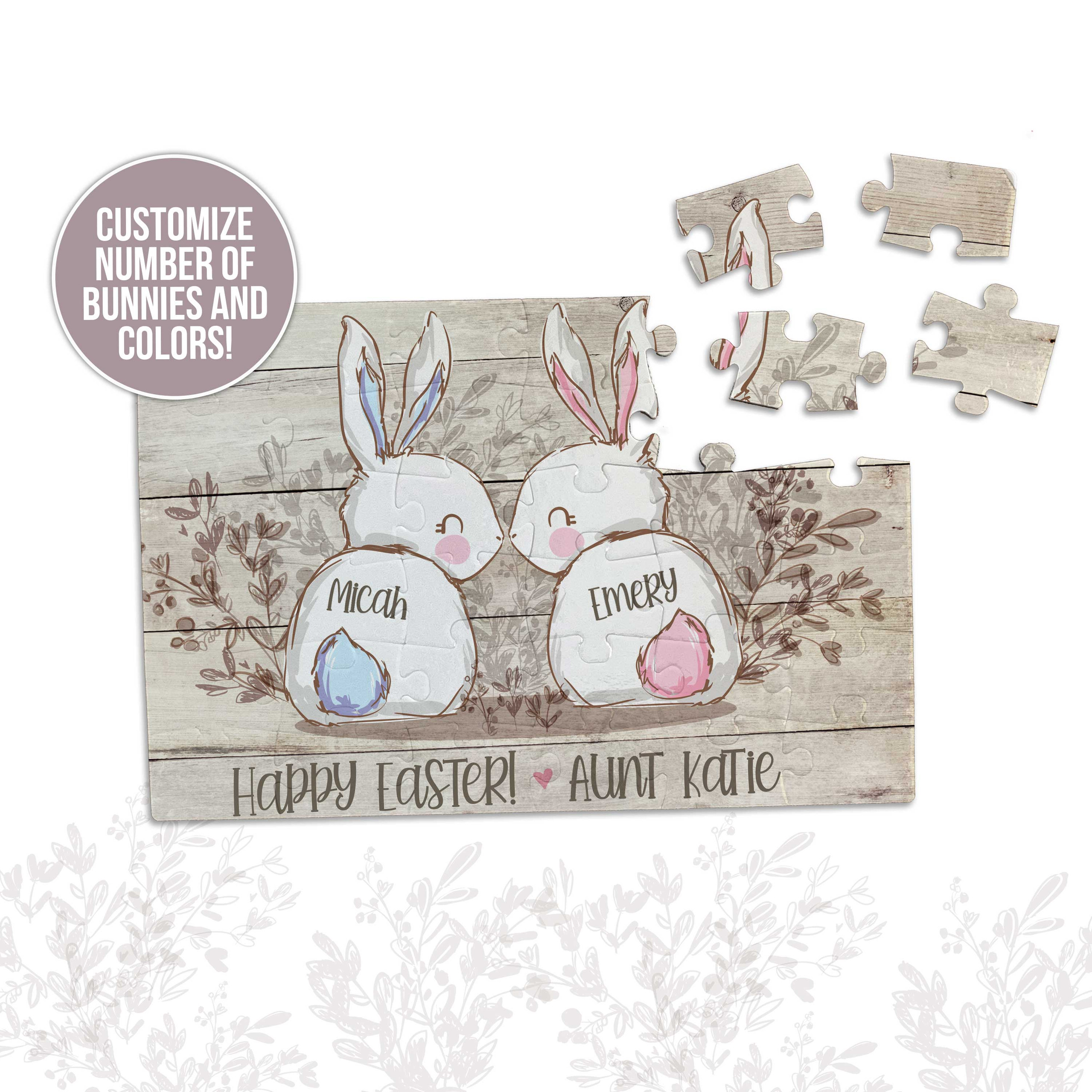 happy easter puzzle gift, pink and blue tail bunnies personalized ...
