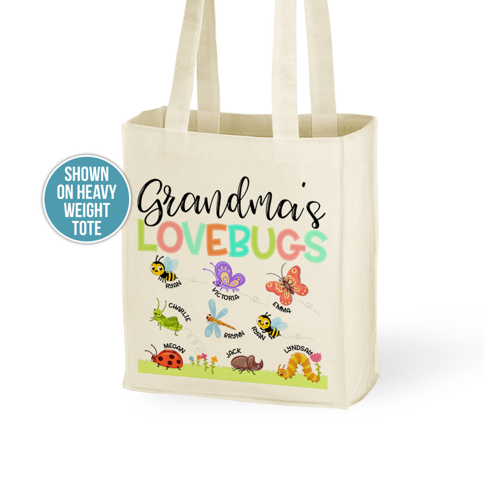 personalized womens tote bag, love bugs personalized gift bag for grandma