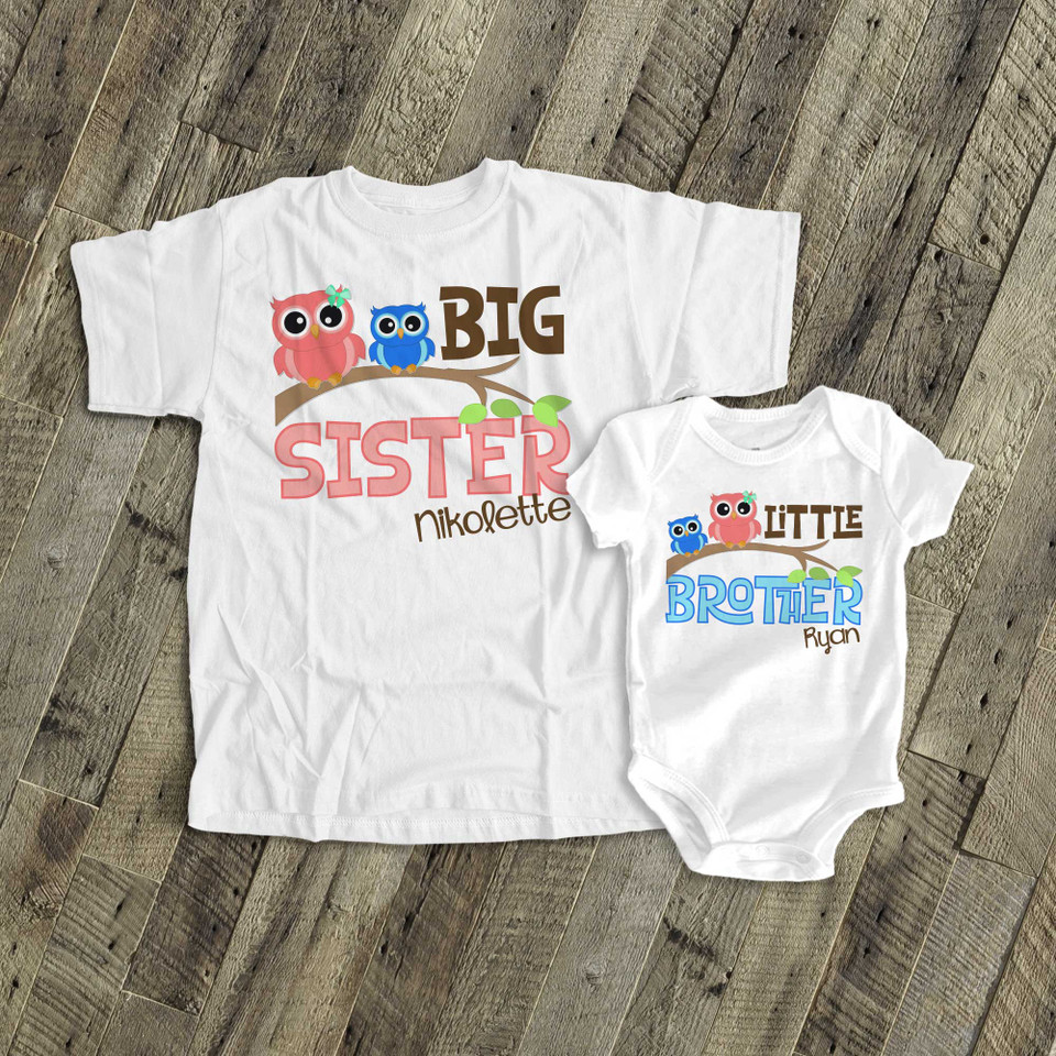 customized brother sister shirts, funky owl matching sibling set