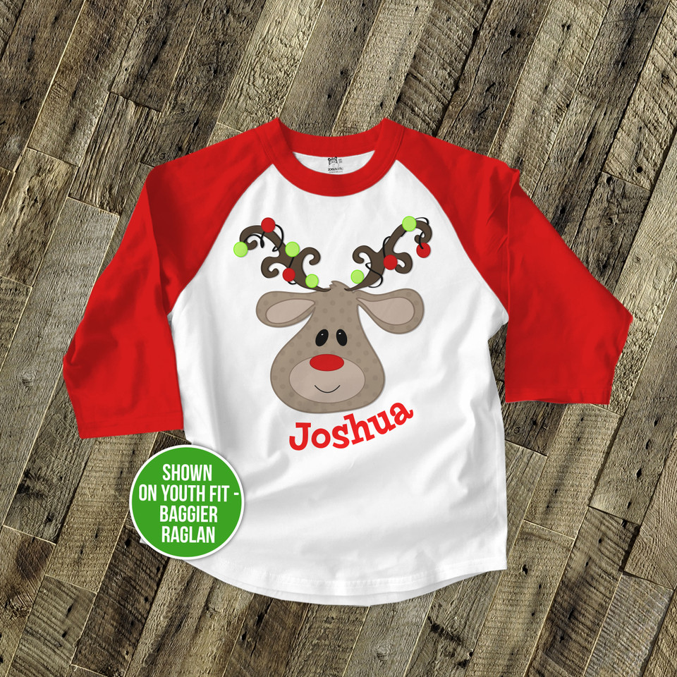 personalized kids shirt, love Christmas reindeer raglan style holiday shirt