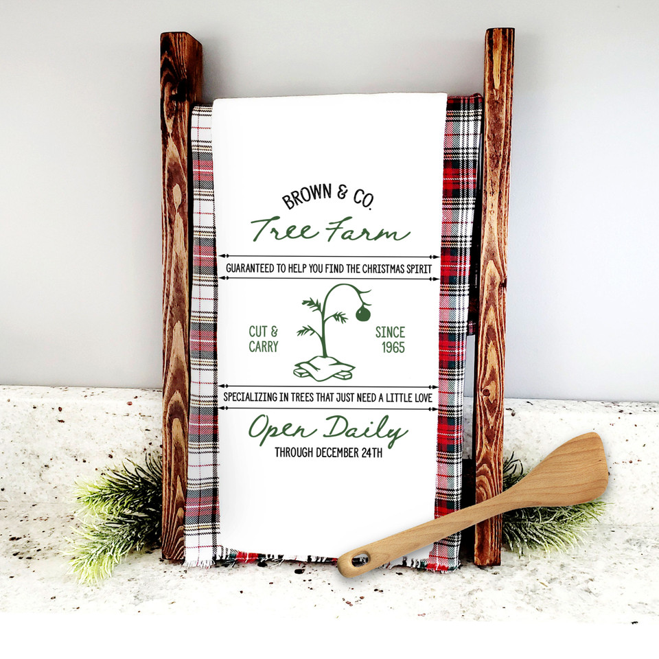 christmas kitchen towel, family tree farm holiday striped tea towel ...