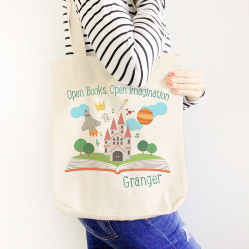 library tote bag, open books open imagination value book bag