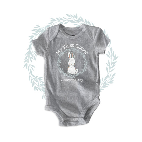 1st Easter boy bodysuit, blue leafy wreath bunny personalized shirt dark
