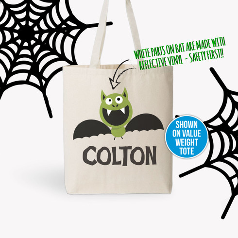 reflective Halloween bag, personalized spooky bat trick or treat candy bag
