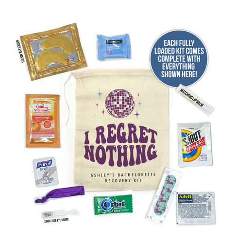 party survival kit, regret nothing disco bachelorette party hangover ...