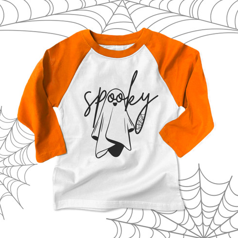 Halloween kids shirt, cursive spooky ghost raglan shirt