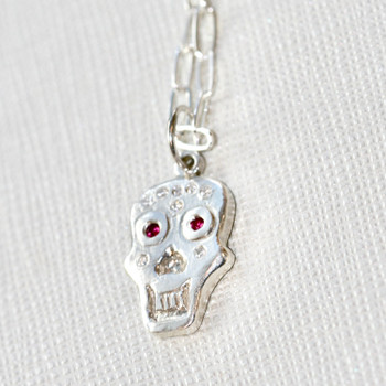 Ruby Silver Skull Necklace - Jewelry by Cari
