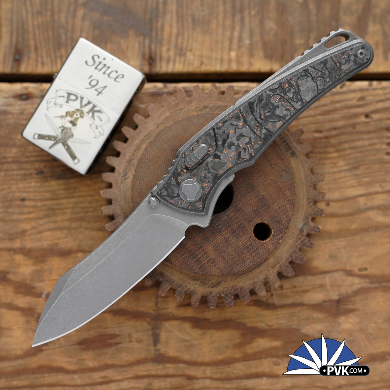 Hawk Knives Talon Stonewashed M390 Blade, Copper Carbon Fiber Handle ...