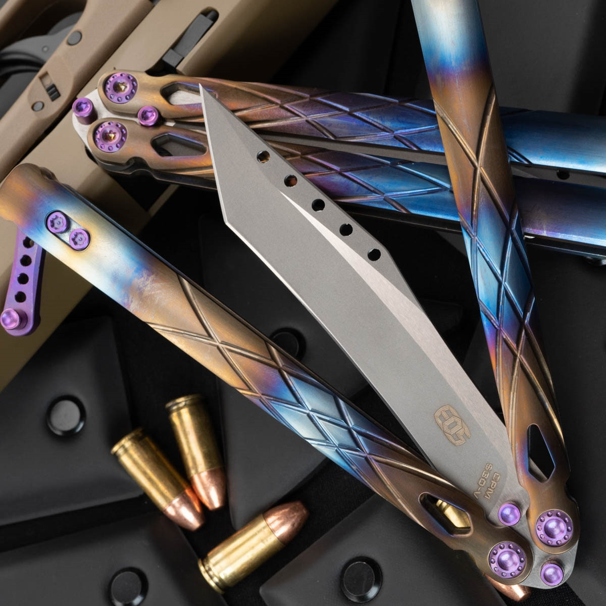 EOS Balisong Villain PVK Exclusive Recurve Tanto, Flamed Titanium ...