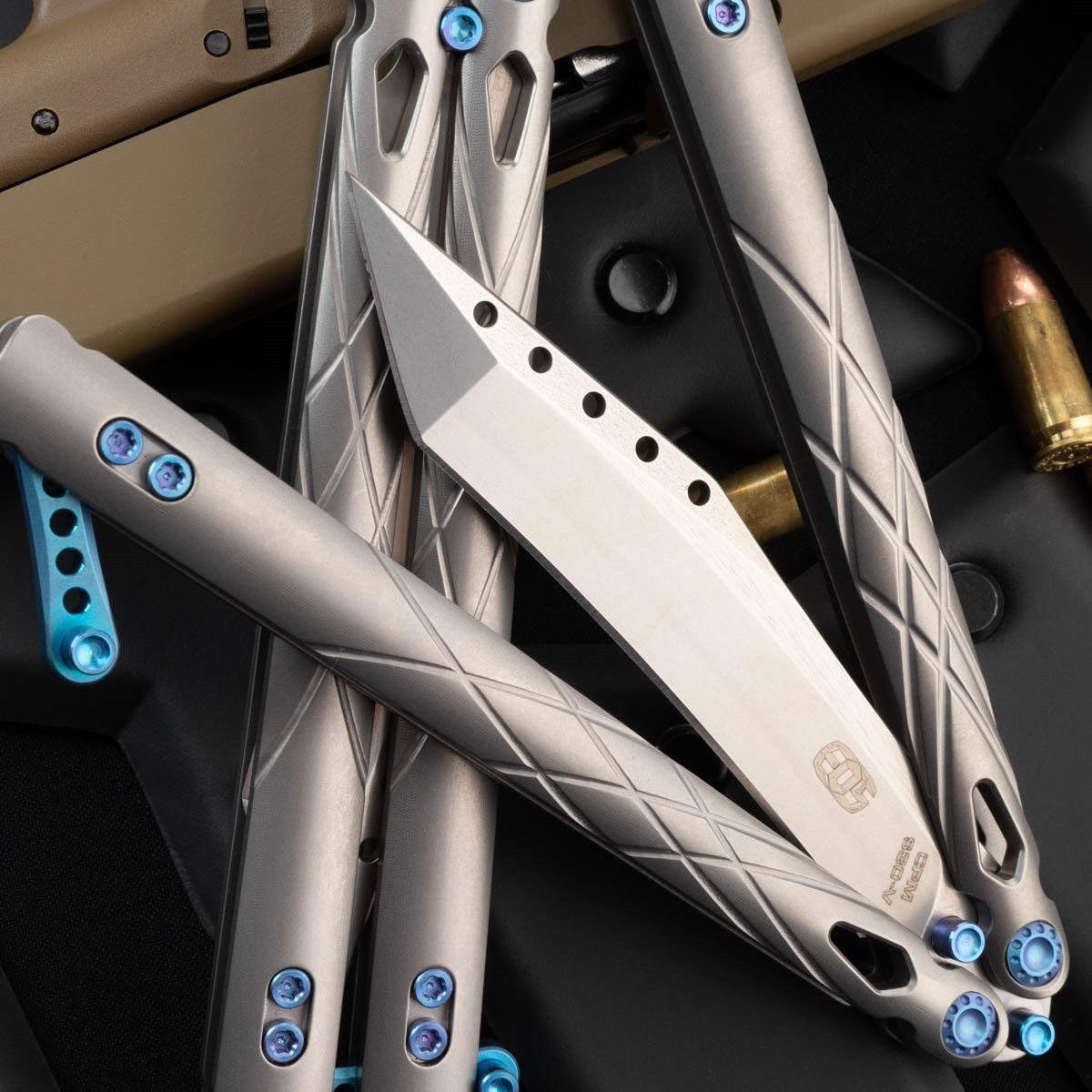 EOS Balisong Villain PVK Exclusive Recurve Tanto, Bead Blast Titanium ...