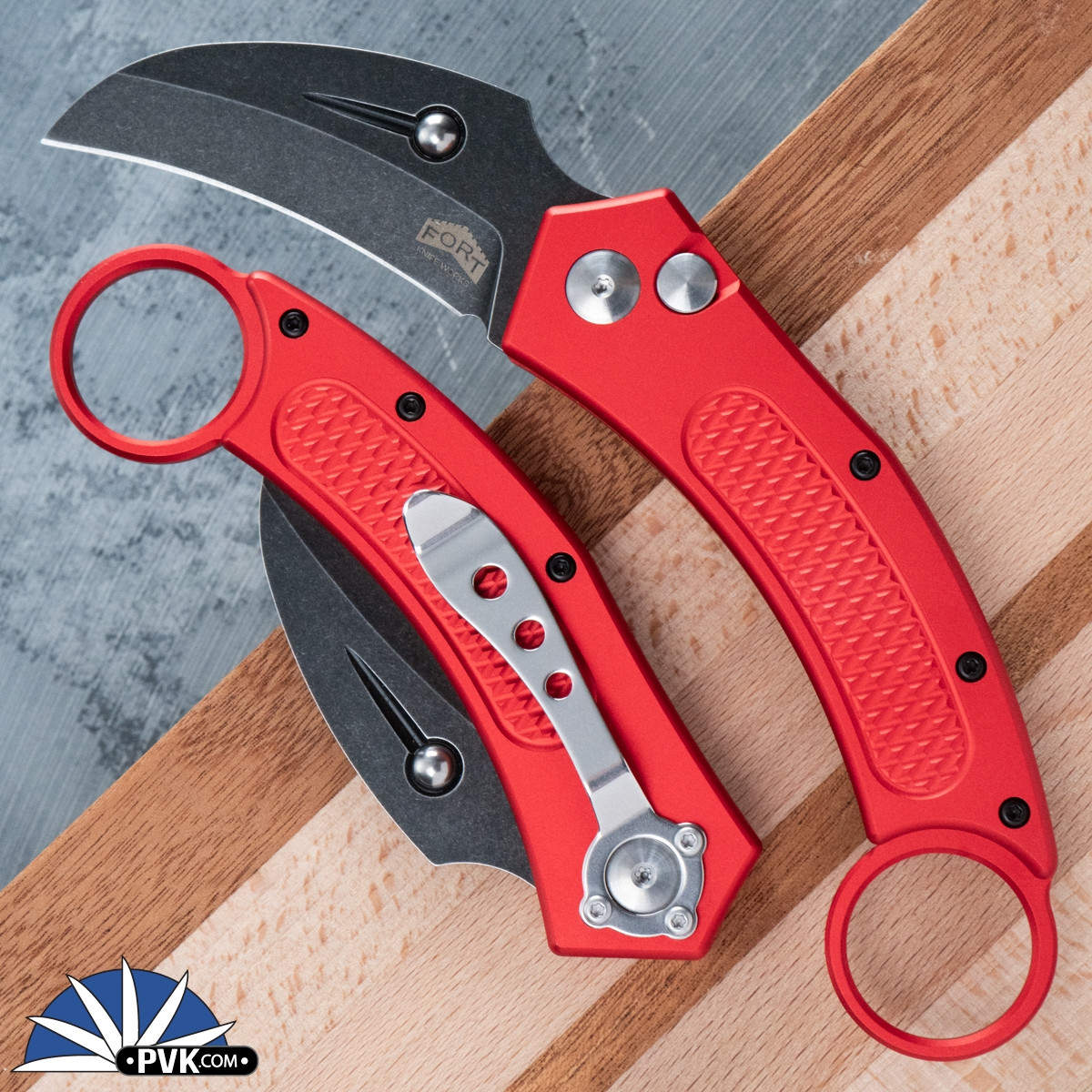 Fort Knife Works Auto Karambit, ATS-34 Blackwash Blade, Red Aluminum ...