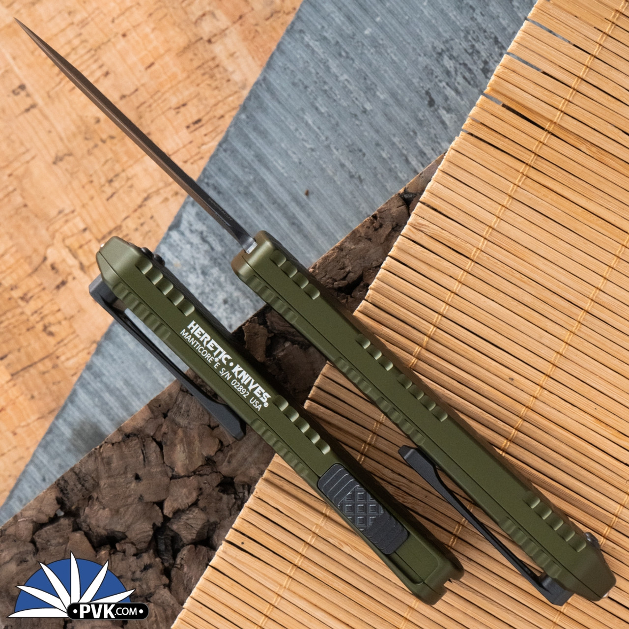 Heretic Knives Manticore-E Magnacut Double Edge Two Tone Black Full Serrated Blade, OD Green ...