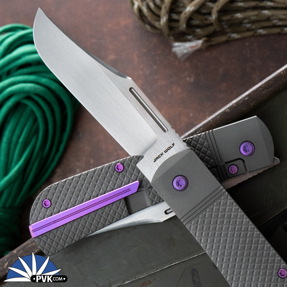 Jack Wolf Knives The Benny Hand Satin Blade, Cross Hatch Ti Handle - PVK
