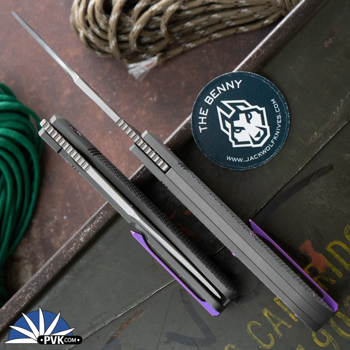 Jack Wolf Knives The Benny Hand Satin Blade, Cross Hatch Ti Handle - PVK