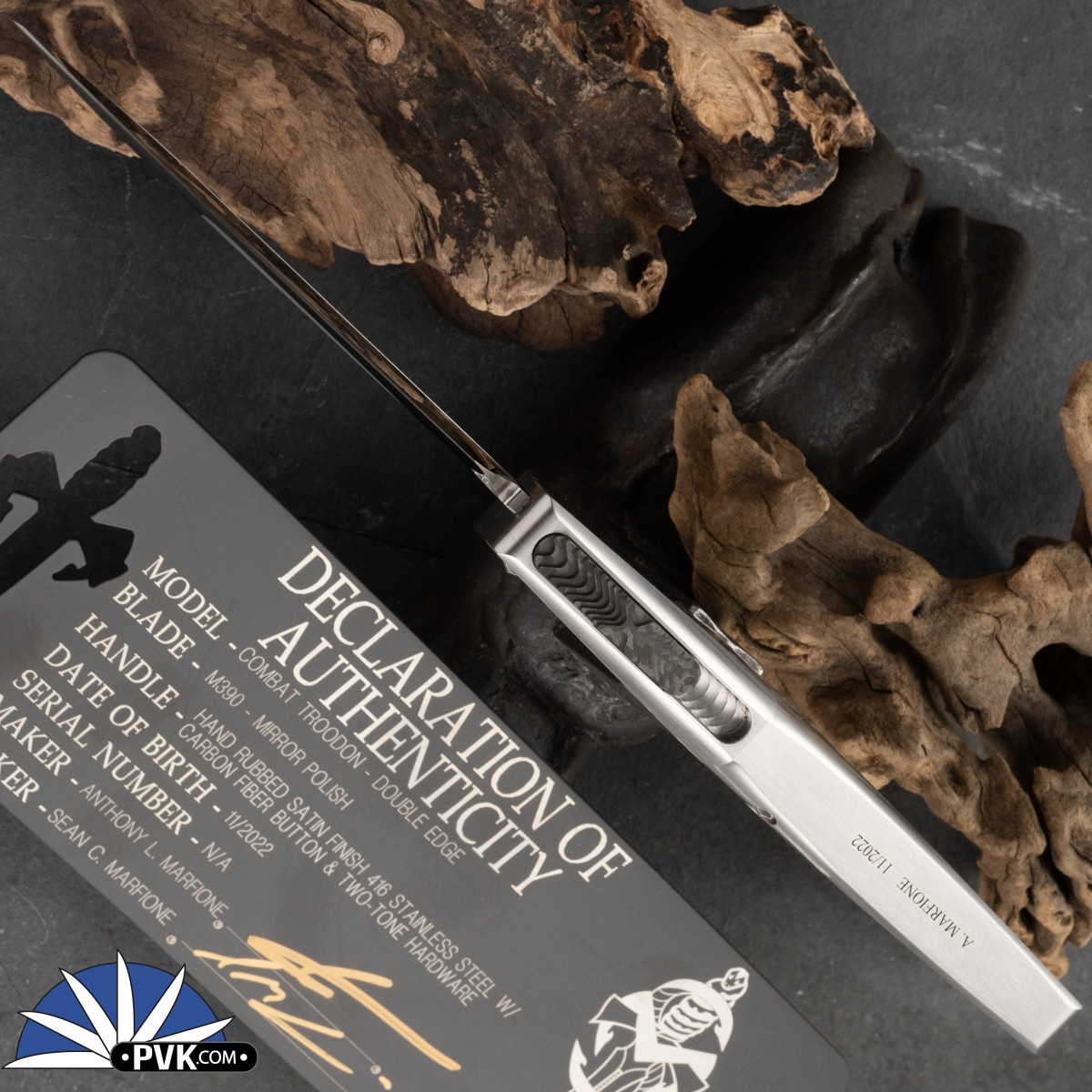 Marfione Custom Combat Troodon, D/E Mirror Blade, Stainless Steel, CF ...