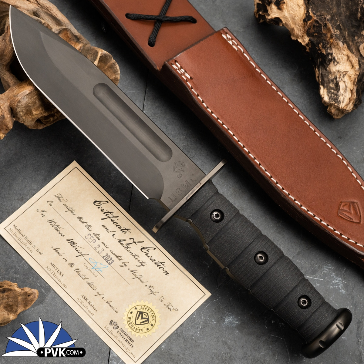 Medford USMC Fighter S35VN PVD Blade Black G10 Handles PVD HW, Leather ...