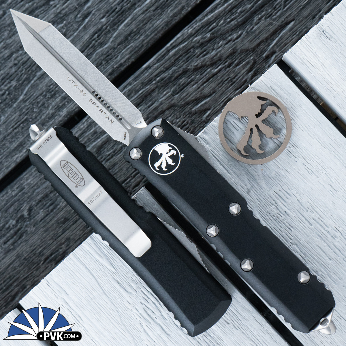 Microtech UTX-85 230-10 Spartan Stonewash Blade, Black Handle - PVK