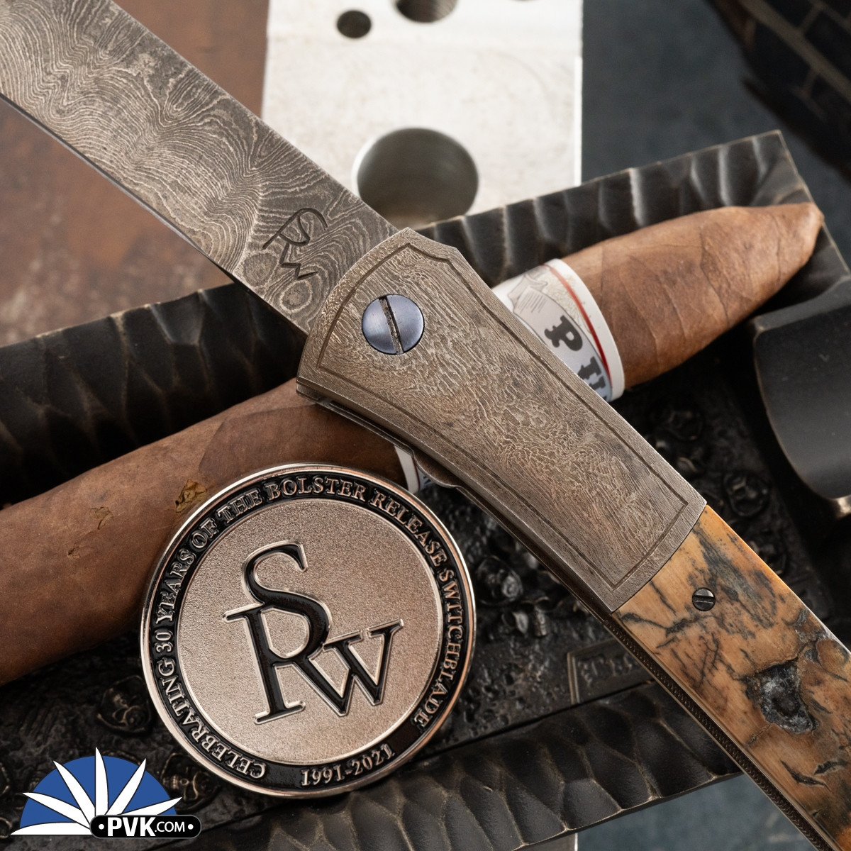 Richard S. Wright Ambidextrous Large Bolster Release Auto Aged Damascus ...