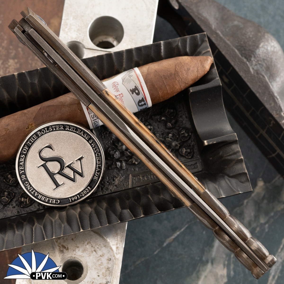 Richard S. Wright Ambidextrous Large Bolster Release Auto Aged Damascus ...