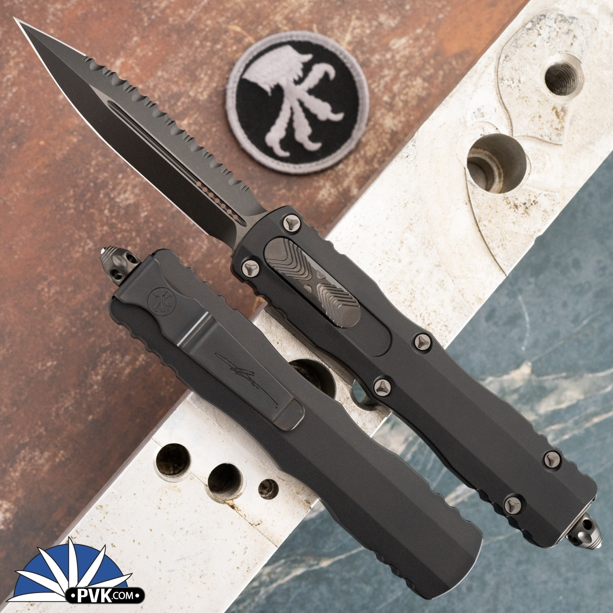 Microtech Dirac Delta 227-3DLCTSH DLC Full Serrated Blade, Black Handle Shadow Tactical - PVK