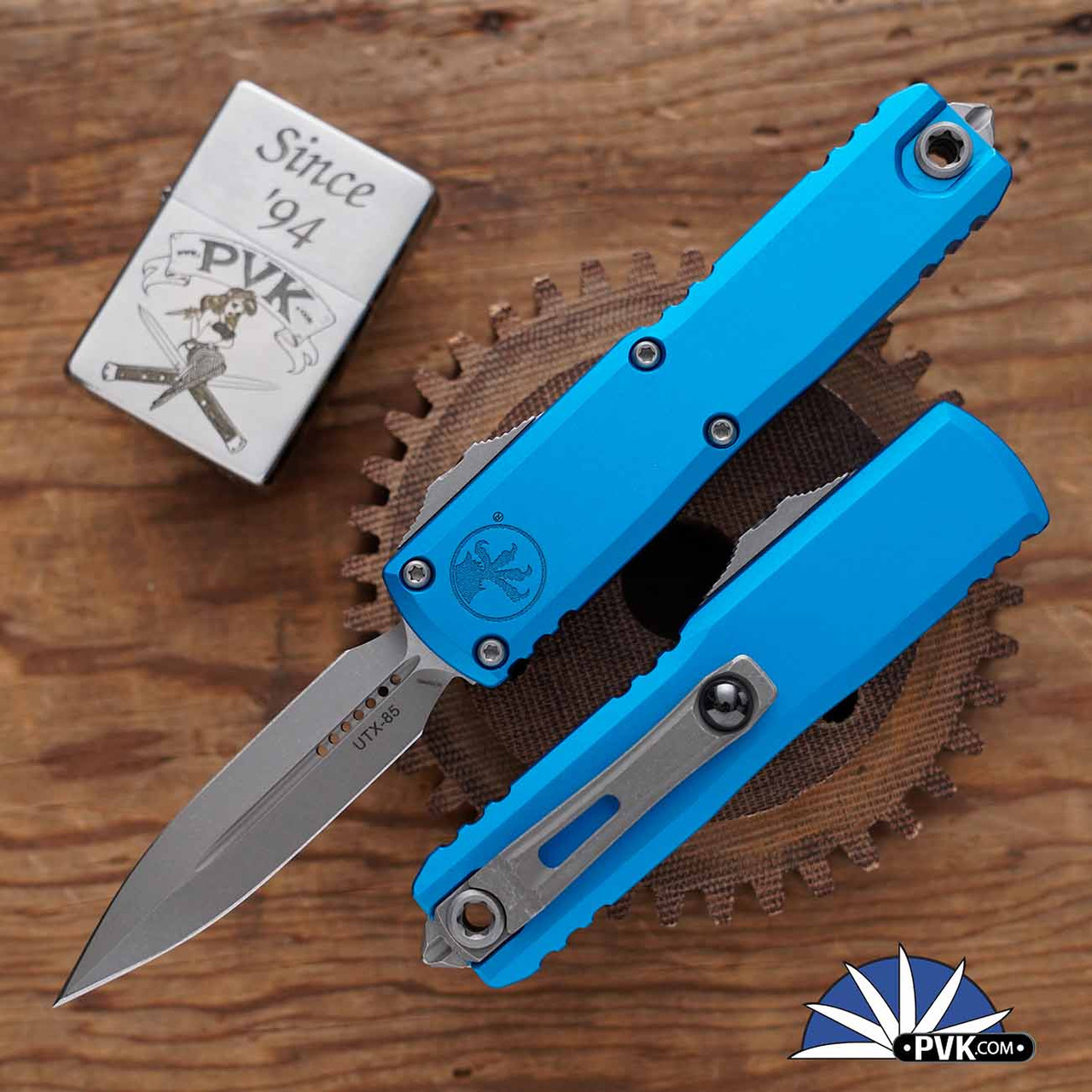 Microtech UTX-85 Gen 3 D/E 1232-10APBL Apocalyptic Blade, Blue Handle - PVK