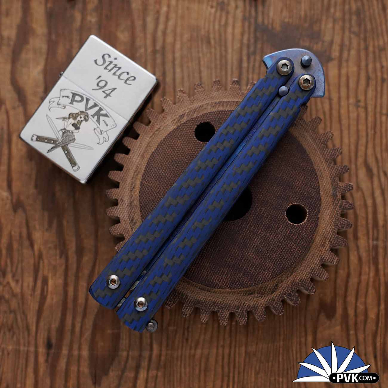 Warren Thomas Custom Balisong, Blue Anodized Damascus Pattern Titanium ...