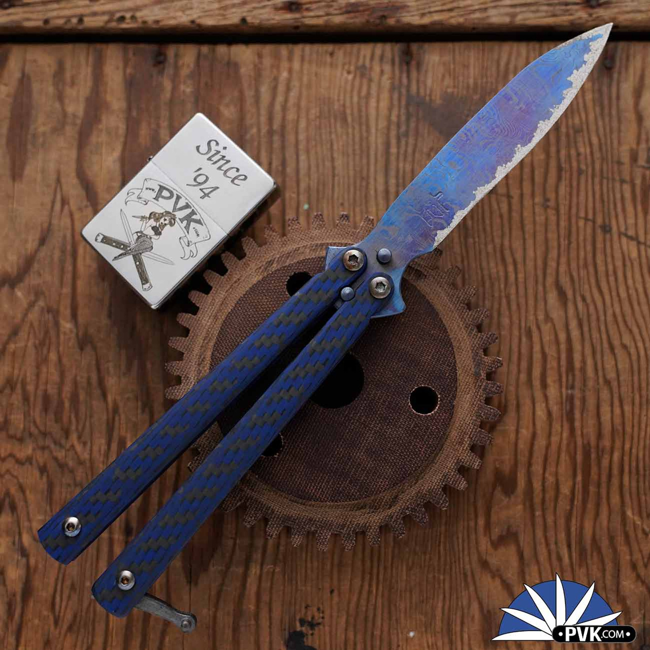 Warren Thomas Custom Balisong, Blue Anodized Damascus Pattern Titanium ...