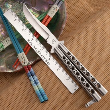 29 Knives Custom 4" Upswept Bowie Balisong Standard Ears, Skeleton ...