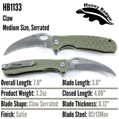 HB1133 Honey Badger Claw Serrated Flipper Medium 8Cr13Mov Green - PVK
