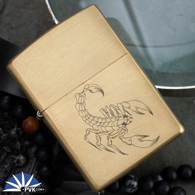 Custom Hand Satin Brass Lighter With Hand Engraved Scorpion & Skull - PVK