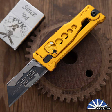 Reate EXO-U Gravity Knife, Razor Blade, Gold Aluminum Speedhole Pattern ...