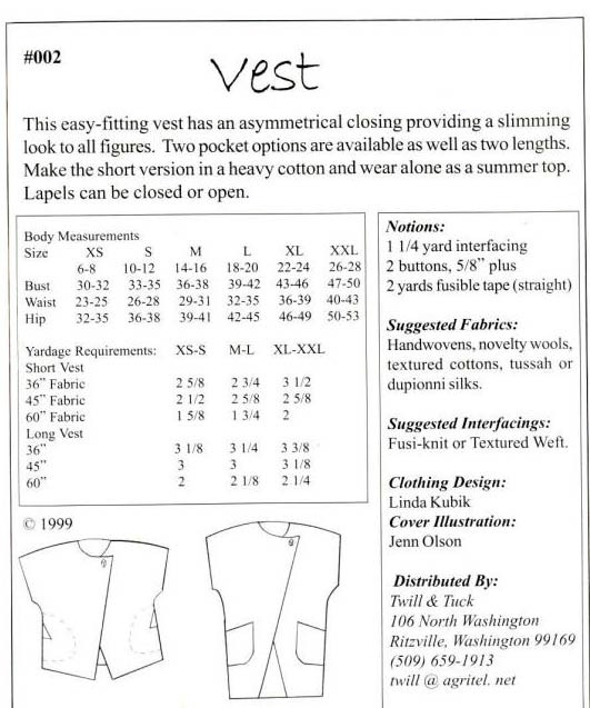 Vest 002 Pattern - Elements - The Sewing Place