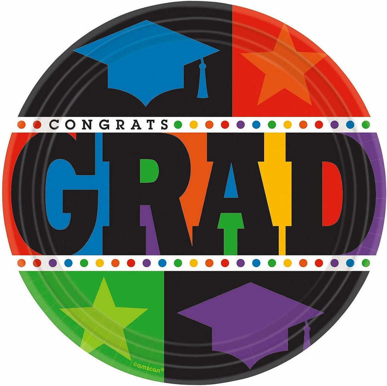 Bright Grad Congrats Hat Stars Graduation Eco Party Bulk 9" Paper ...