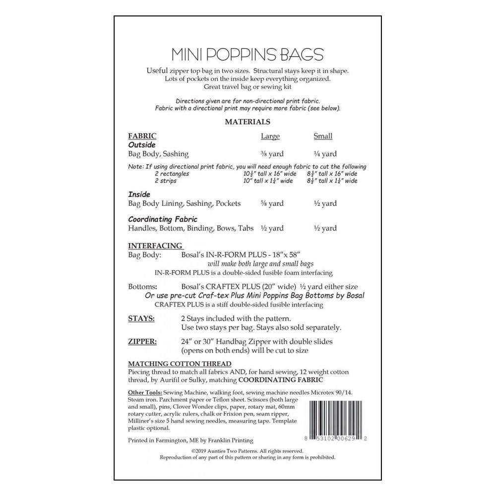 Mini Poppins Bags Pattern by Aunties Two Patterns 2 x Stays Included ...