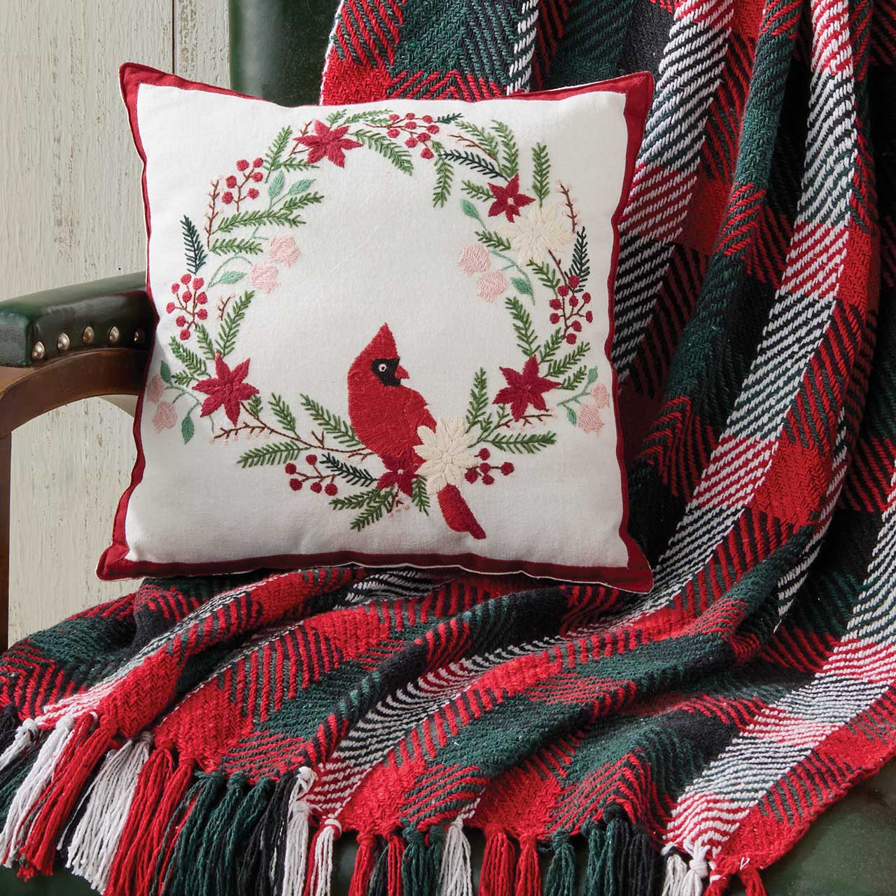 Hand-Embroidered Cardinal Holiday Pillow | Festive Decor