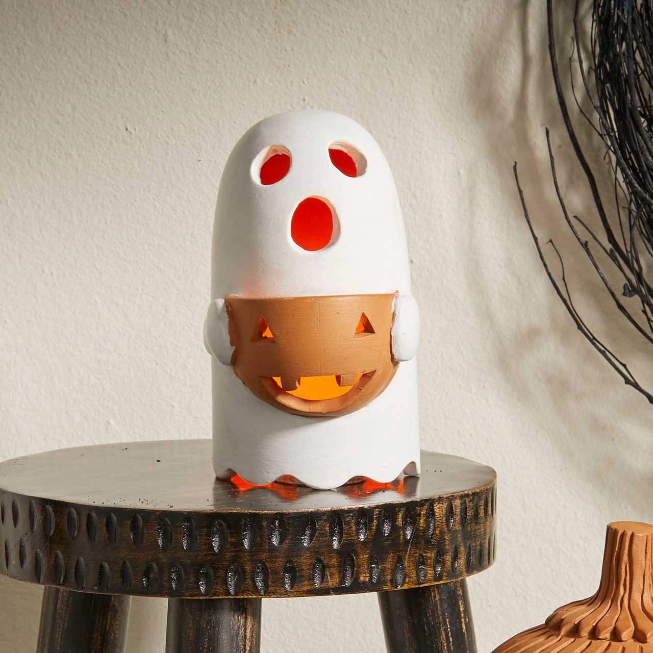 Handmade Halloween Decor | Terracotta Lighted Ghost Lantern | SERRV
