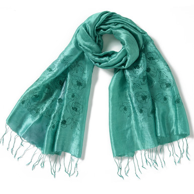 Fair Trade Scarves | Teal Floral Print 100% Silk Scarf | SERRV