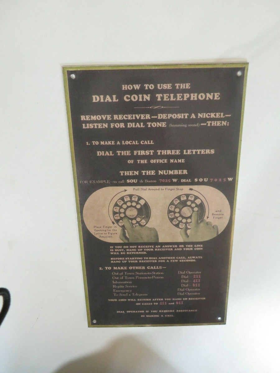 Tin Phone booth sign from 1920 giving you instructions on how to use a ...