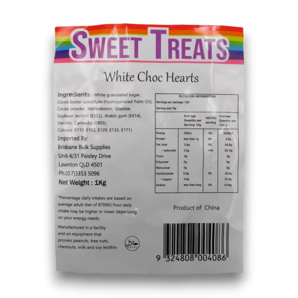 Buy Sweet Treats White Chocolate Hearts 1kg Bag Online