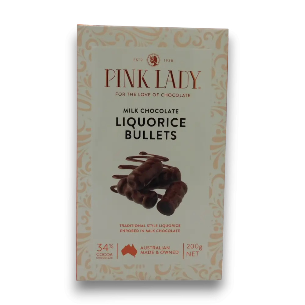 Pink Lady - Milk Chocolate Liquorice Bullets (200g box)